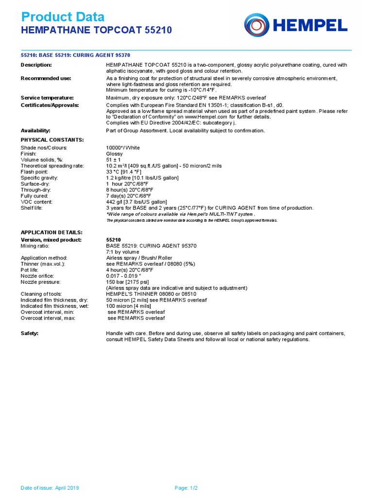 Hempathane Topcoat 55210 en-GB | PDF | Paint | Volatile Organic Compound