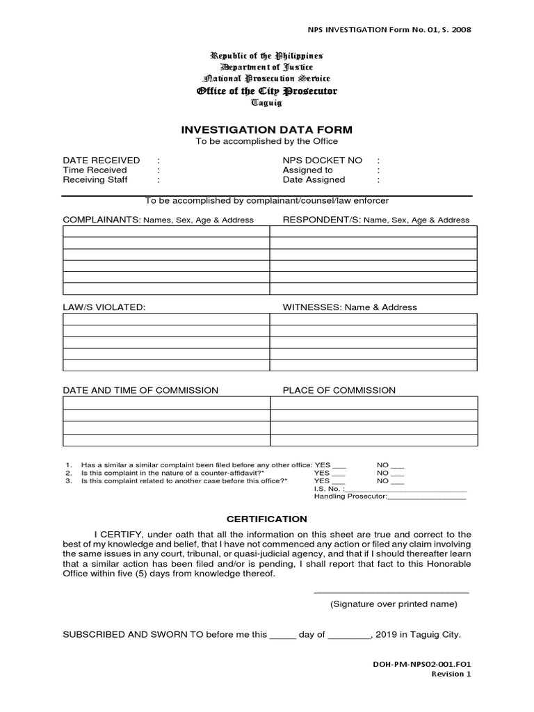Investigation Data Form | Download Free PDF | Prosecutor | Complaint