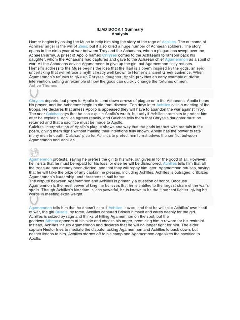 Iliad Book 1 Summary | PDF | Hector | Achilles