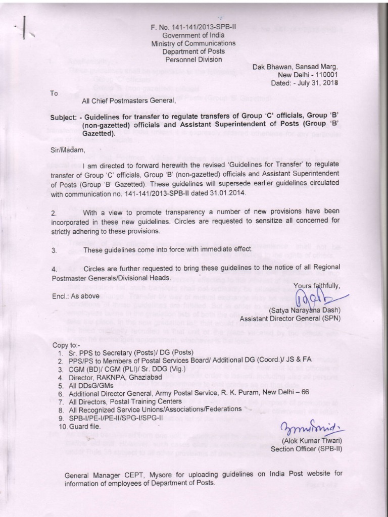 Guidelines for Post Transfer Regulations | PDF | Employment | Postal System