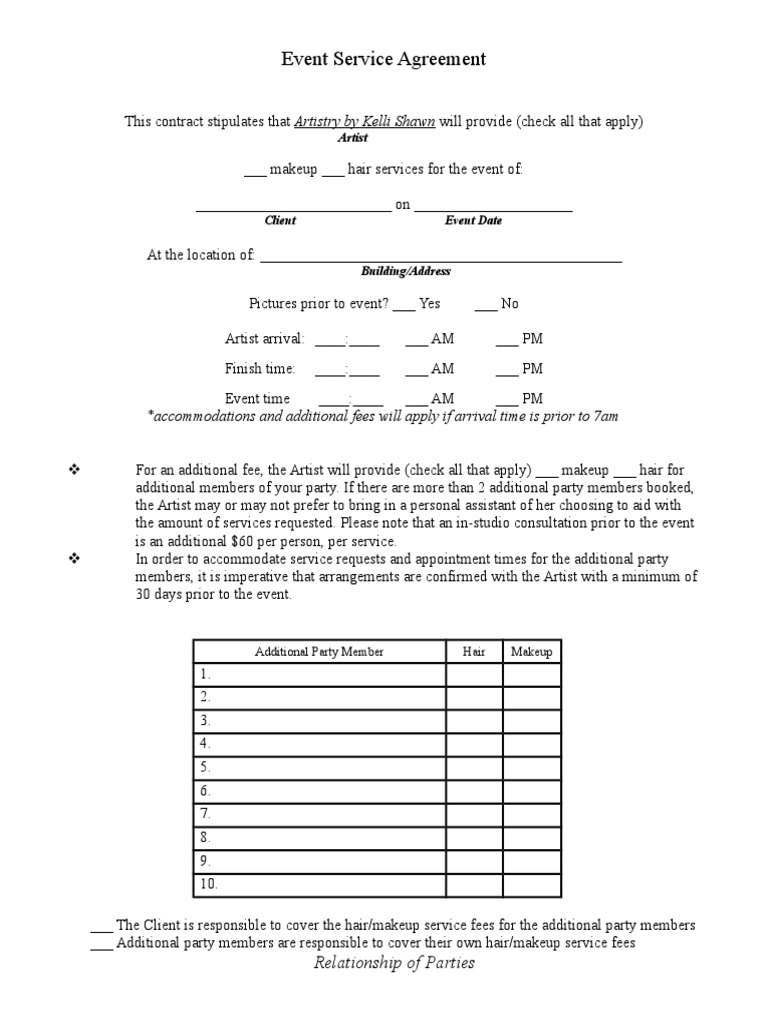 Event Service Agreement | PDF | Fee | Allergy