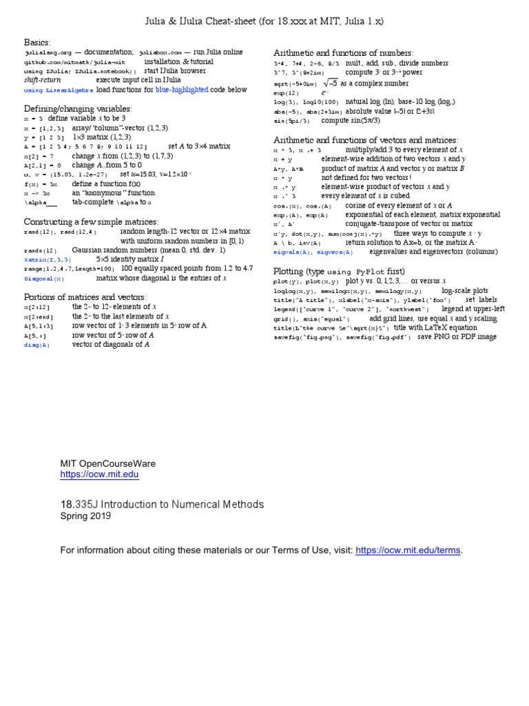 Julia Cheatsheet | PDF | Matrix (Mathematics) | Vector Space
