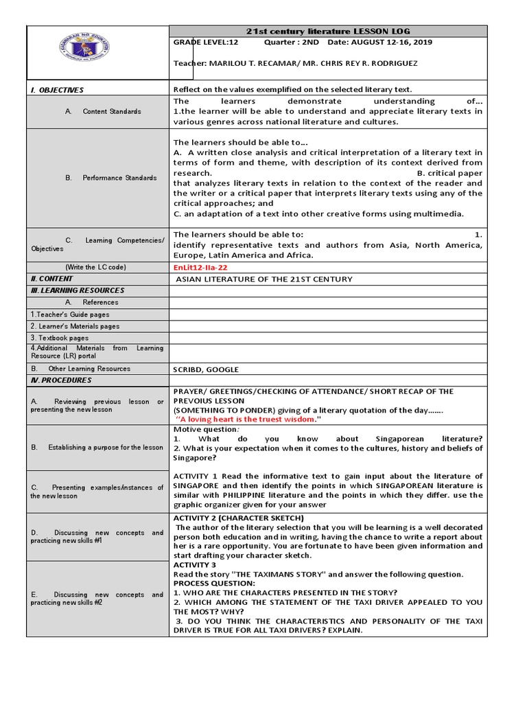 21st Century Literature LESSON LOG | PDF | Question | Learning