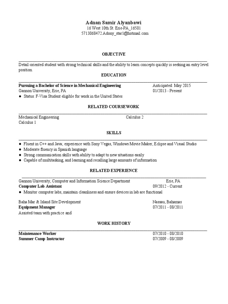 Adnan Samir's Engineering Resume | PDF | Cognition | Cognitive Science