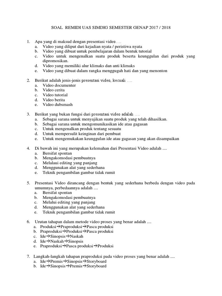 Soal Remidi UAS Sem Ganap 2017 2018 | PDF | Game & Aktivitas | Seni