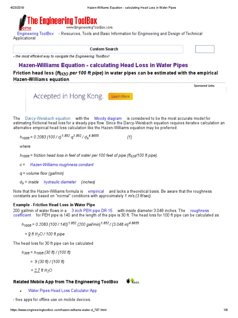 Hazen-Williams Equation - Calculating Head Loss in Water Pipes | PDF ...