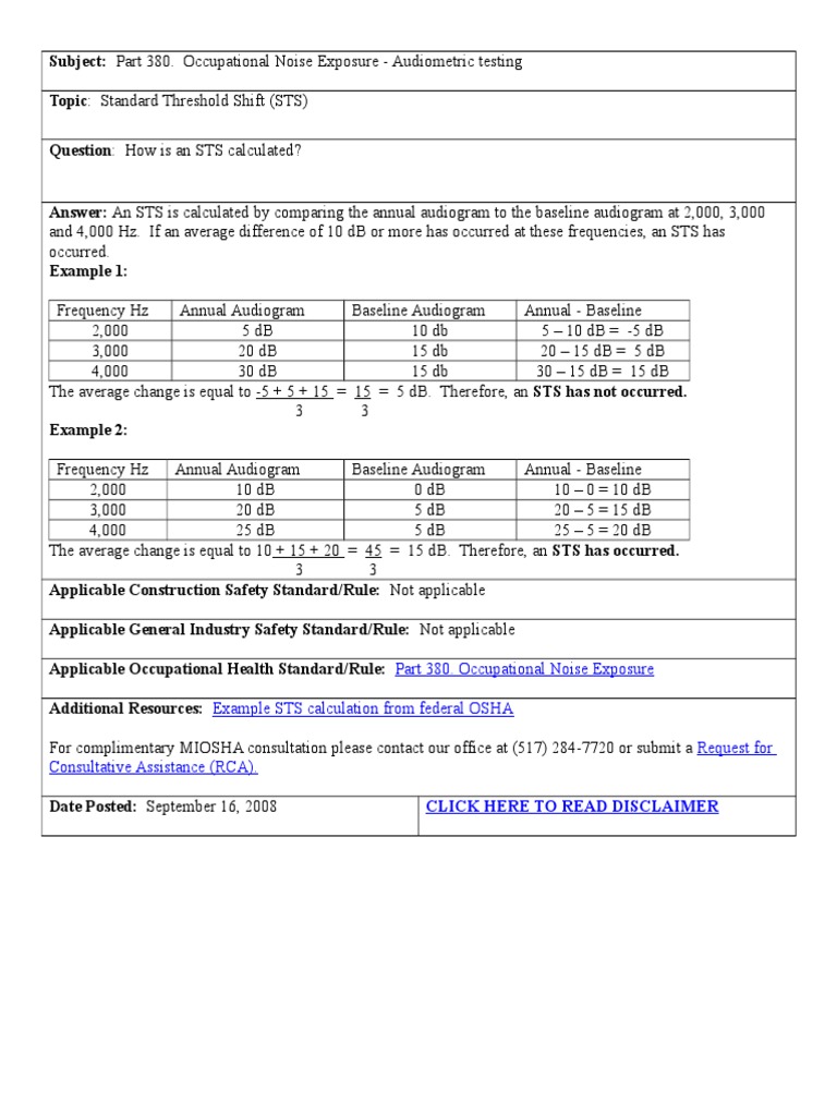 Part 380. Occupational Noise Exposure Example STS Calculation From ...