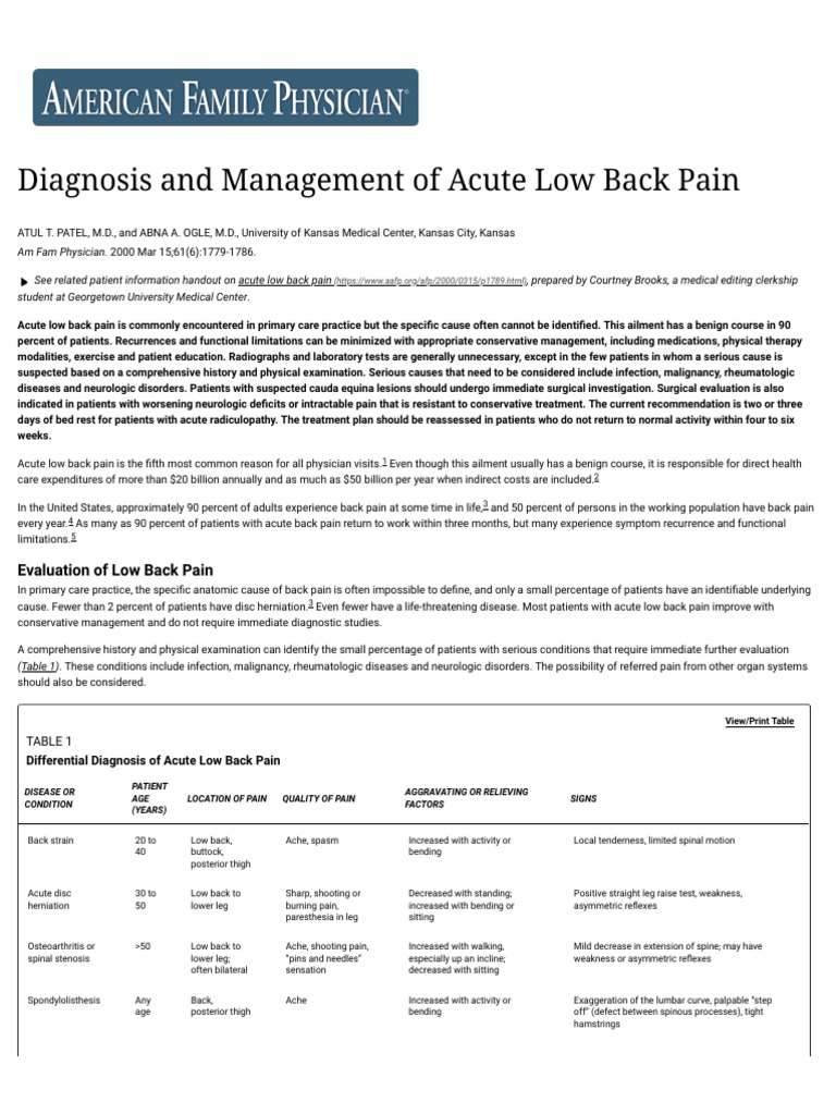 Diagnosis and Management of Acute Low Back Pain - American Family ...