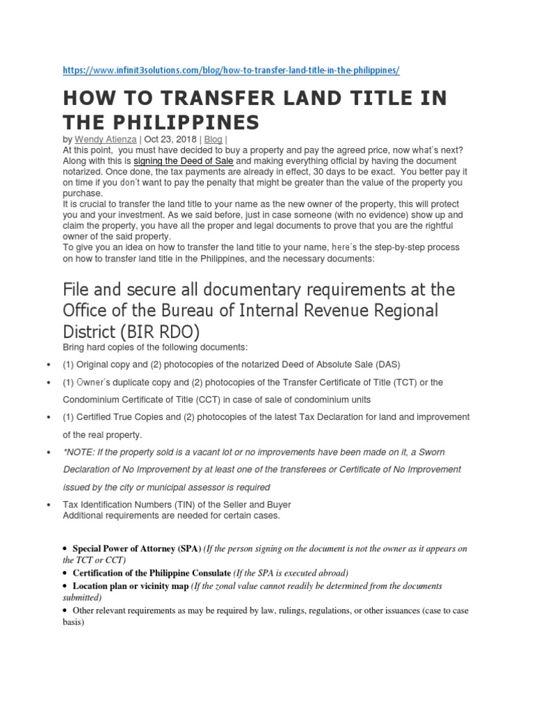 Steps to Transfer Land Title in the Philippines | PDF | Title (Property ...