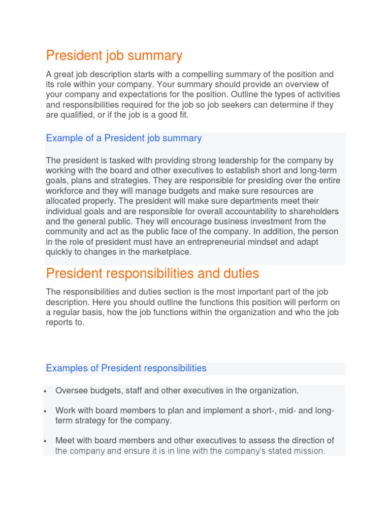 President Job Summary | PDF
