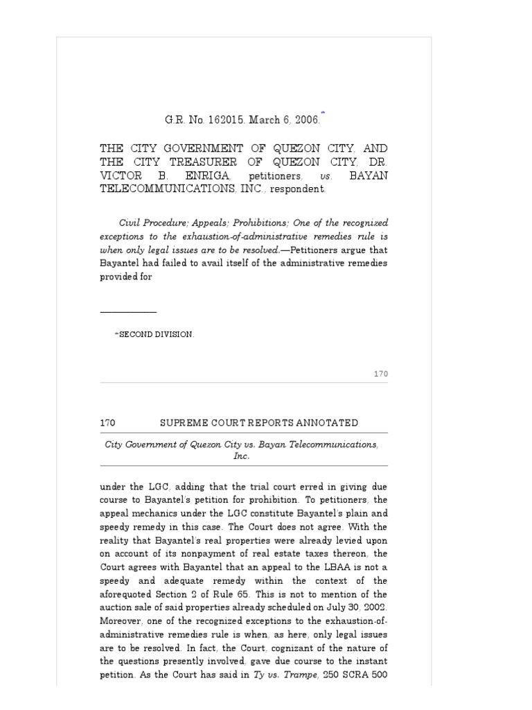 Quezon City Vs Bayantel | PDF | Writ Of Prohibition | Franchising