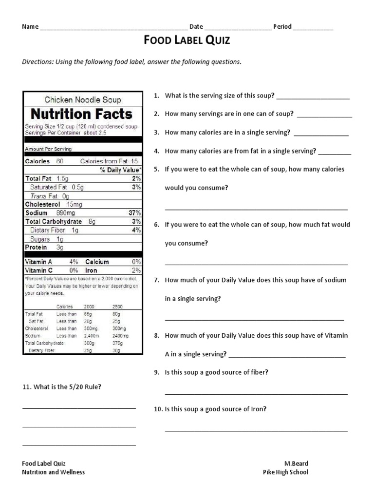 OOD Abel UIZ: Directions: Using The Following Food Label, Answer The ...