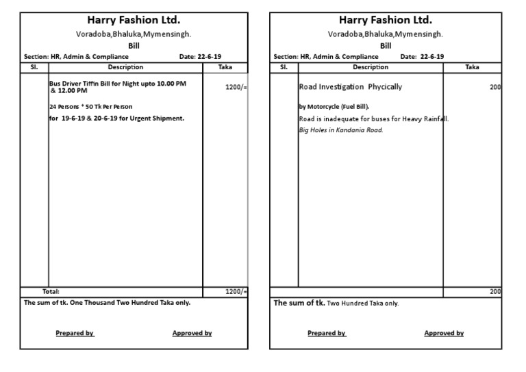 Harry Fashion Ltd. Tiffin Bill Format | PDF
