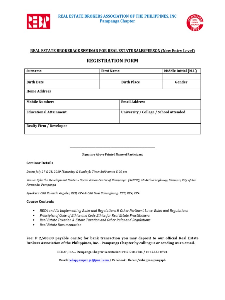 Registration Form: Real Estate Brokerage Seminar For Real Estate ...