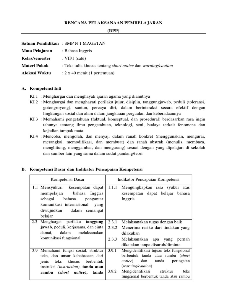 RPP Bahasa Inggris Kelas VII | PDF | Karier & Perkembangan | Seni & Disiplin Bahasa