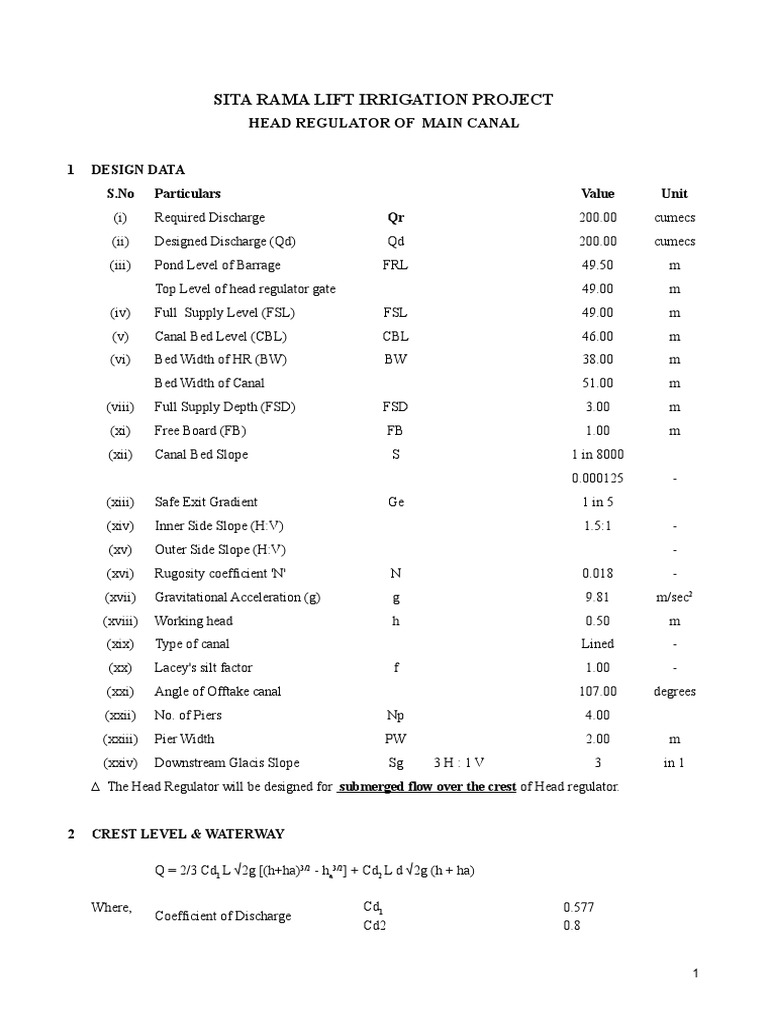 Sita Rama Lift Irrigation Project: Head Regulator of Main Canal | PDF ...