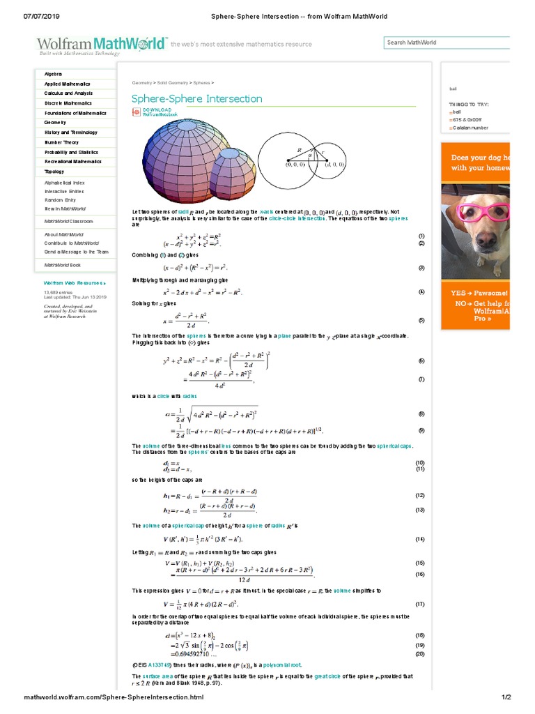 Sphere-Sphere Intersection - From Wolfram MathWorld | PDF | Sphere | Geometry