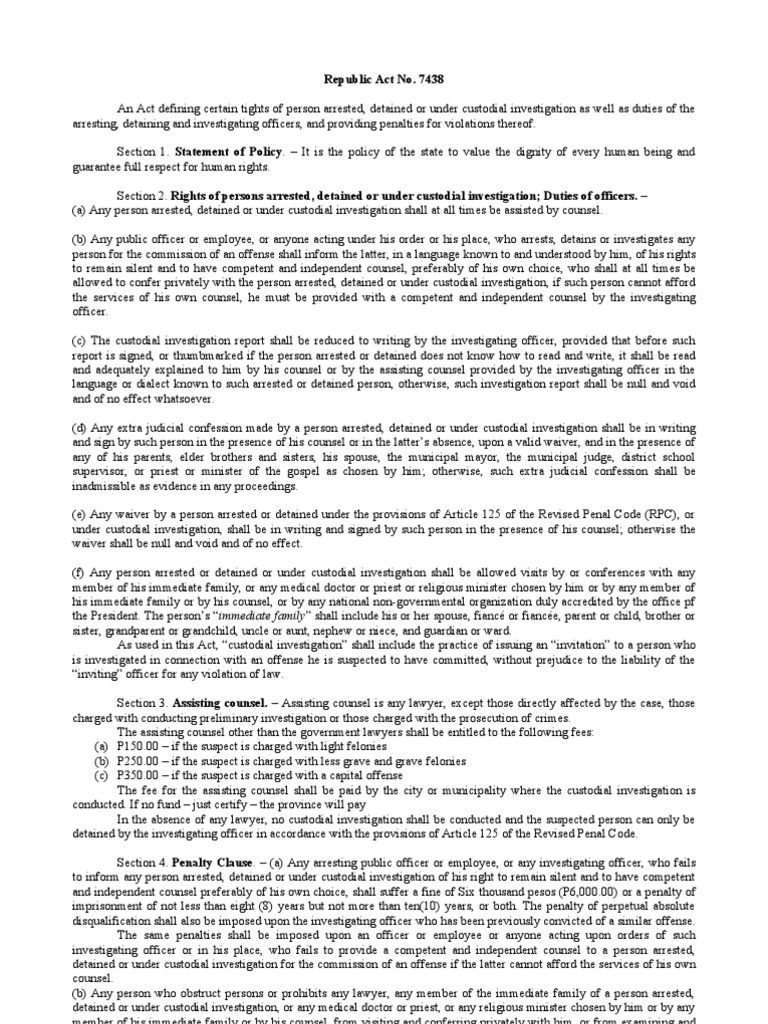 Rights of Arrested Persons in RA 7438 | PDF | Arrest | Right To Silence