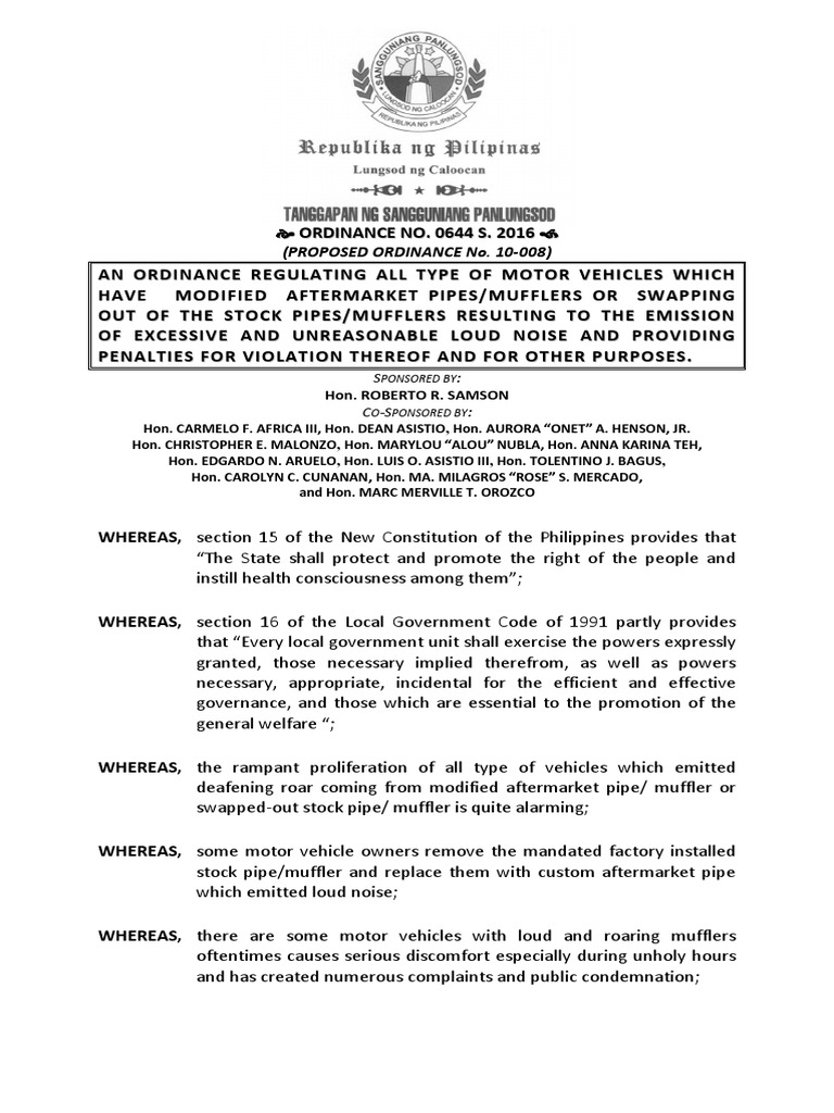 ORDINANCE NO 0644 Regulating Modified Pipes And Mufflers PDF PDF