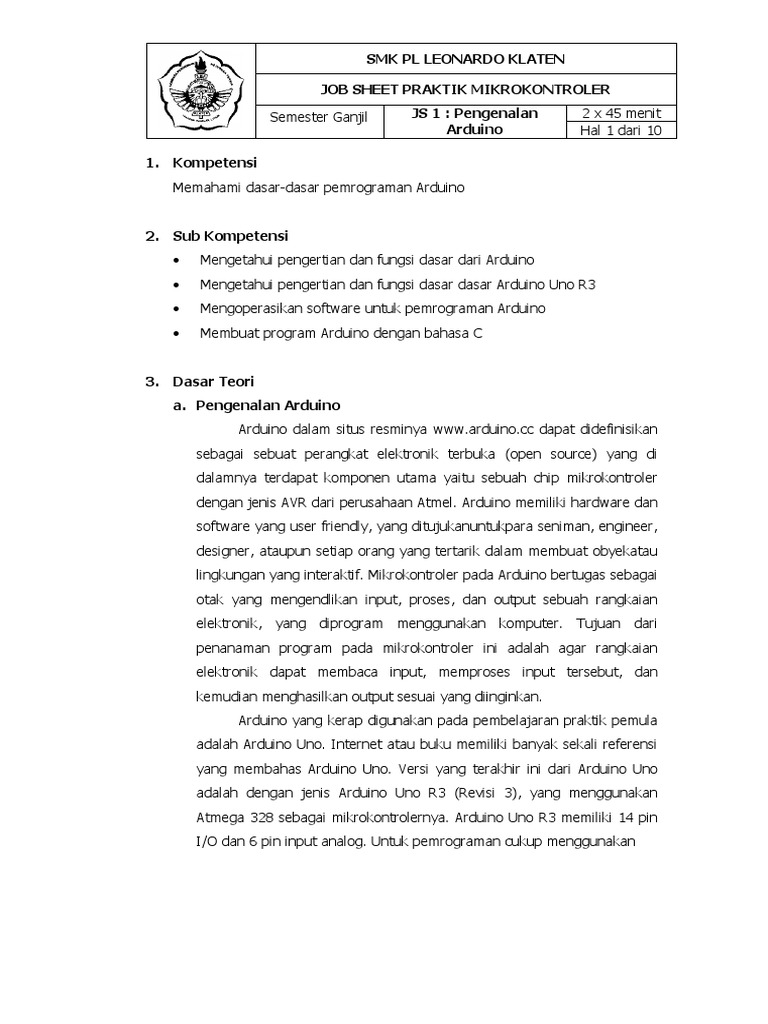 JOBSHEET 1 Pengenalan Arduino, Software, Bahasa C | PDF