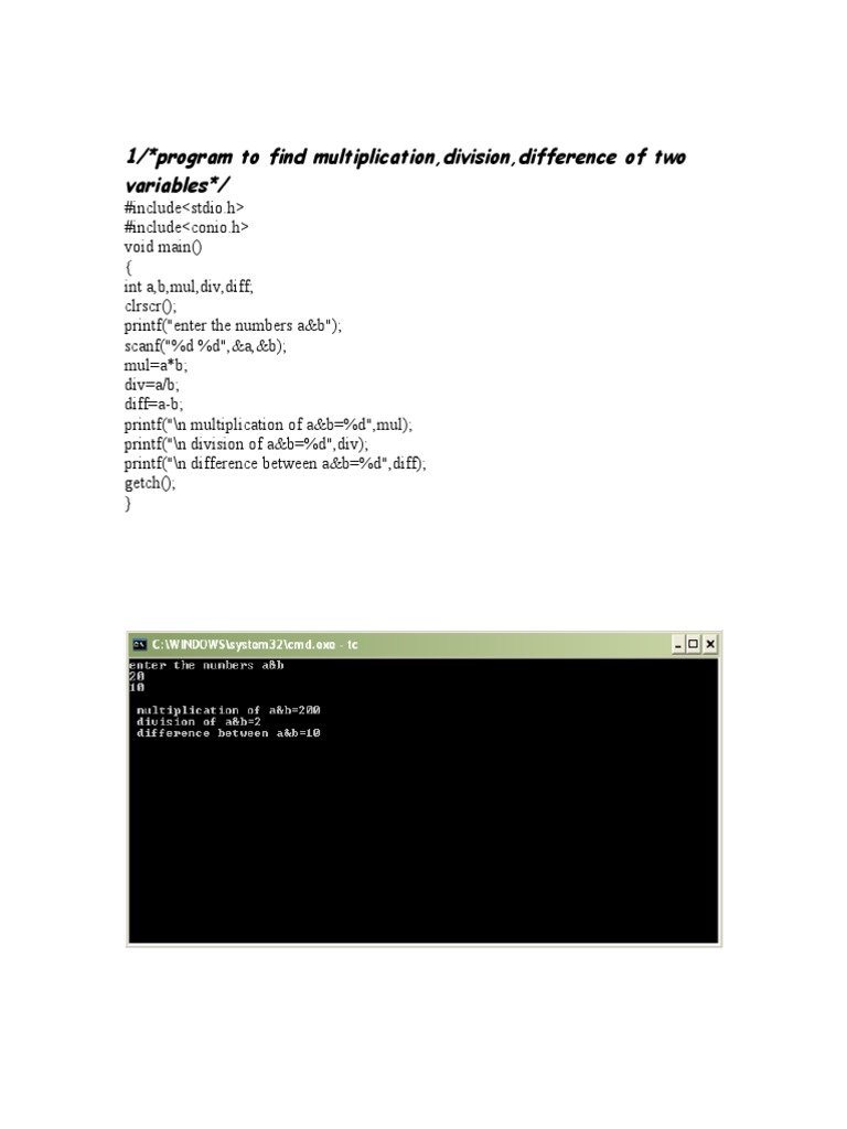 1/ Program To Find Multiplication, Division, Difference of Two ...