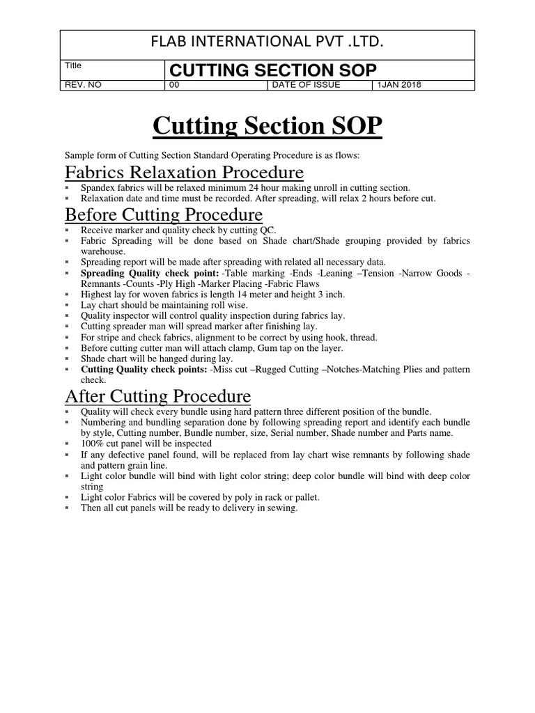Cutting Section SOP: Fabrics Relaxation Procedure | PDF | Textiles