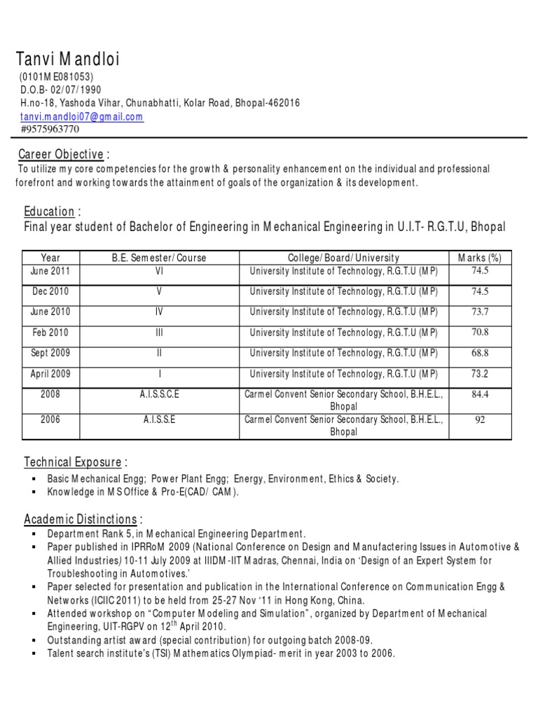 Tanvi Mandloi: Career Objective | PDF | Mechanical Engineering ...