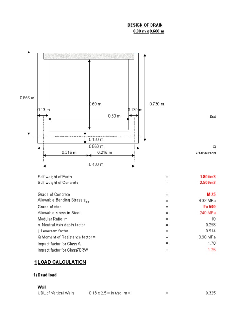 Design of Drain 0.30 M X 0.600 M: 1 Load Calculation | PDF | Bending ...