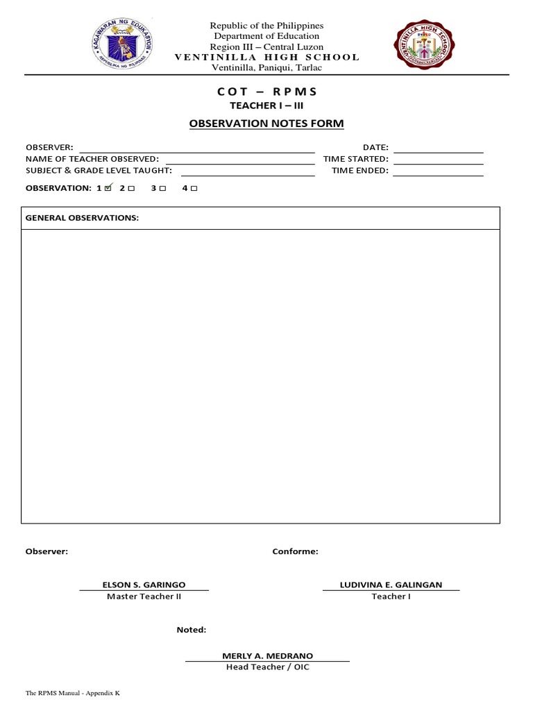 RPMS 2018 - COT - RPMS - Observation Notes Form - Template | PDF