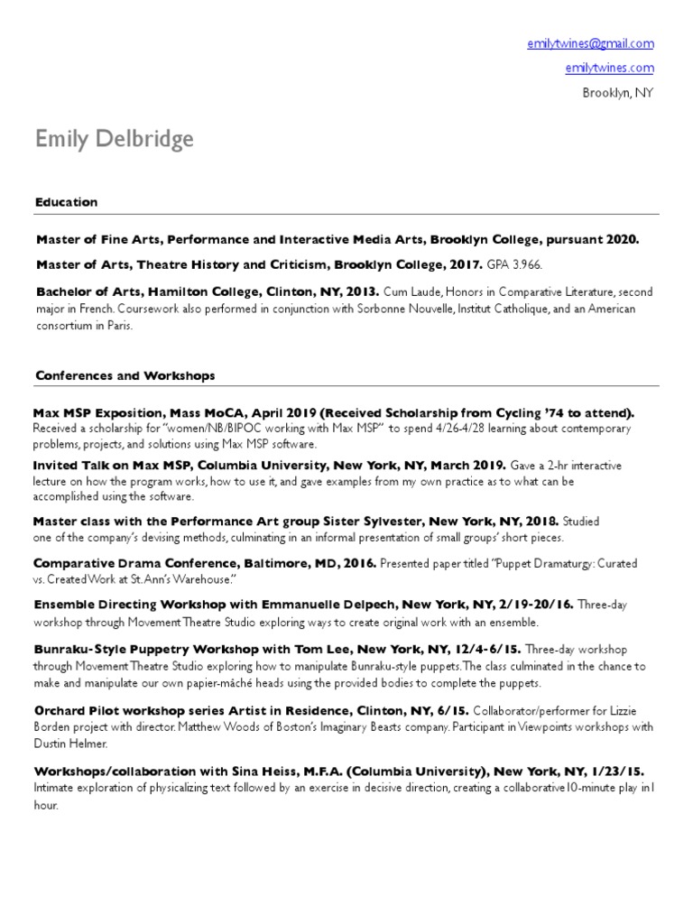 Emily Delbridge: MFA in Performance Arts | PDF | Theatre | Entertainment