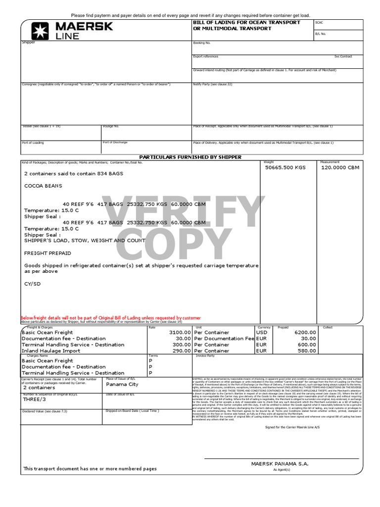 BL Maersk | PDF | Bill Of Lading | Consignee