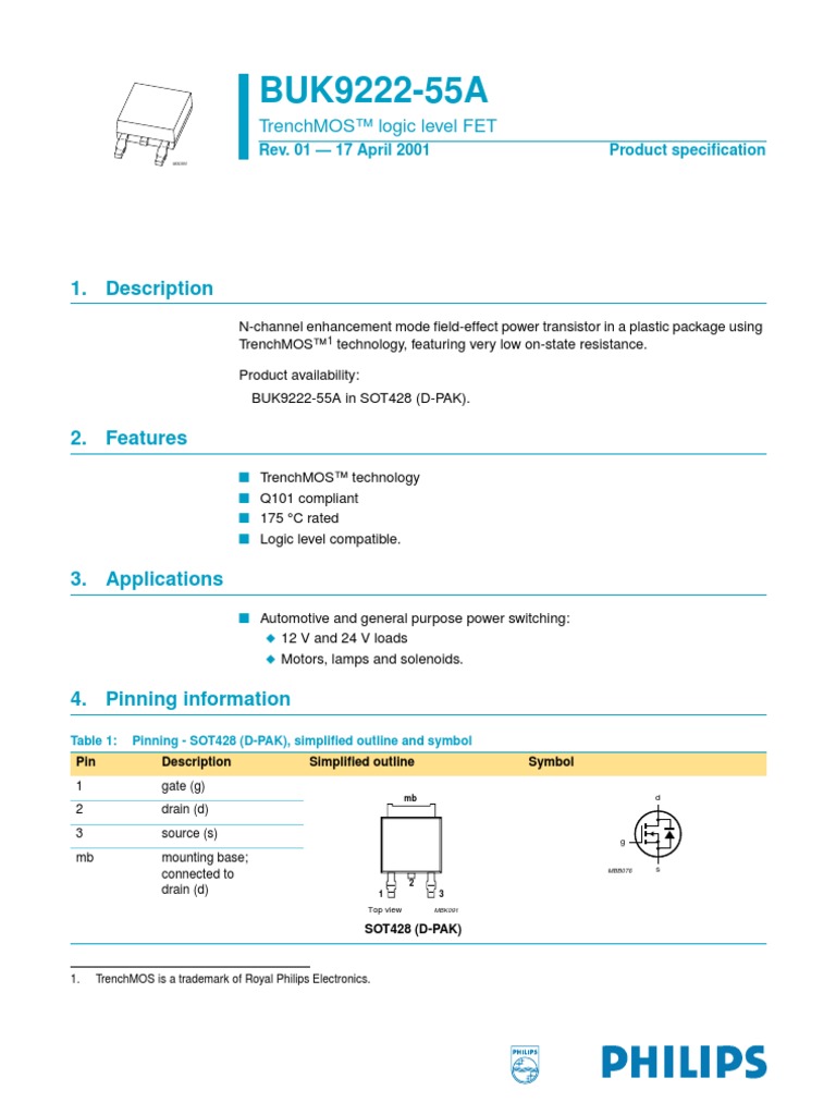 Buk9222 55a | PDF | Field Effect Transistor | Semiconductor Devices