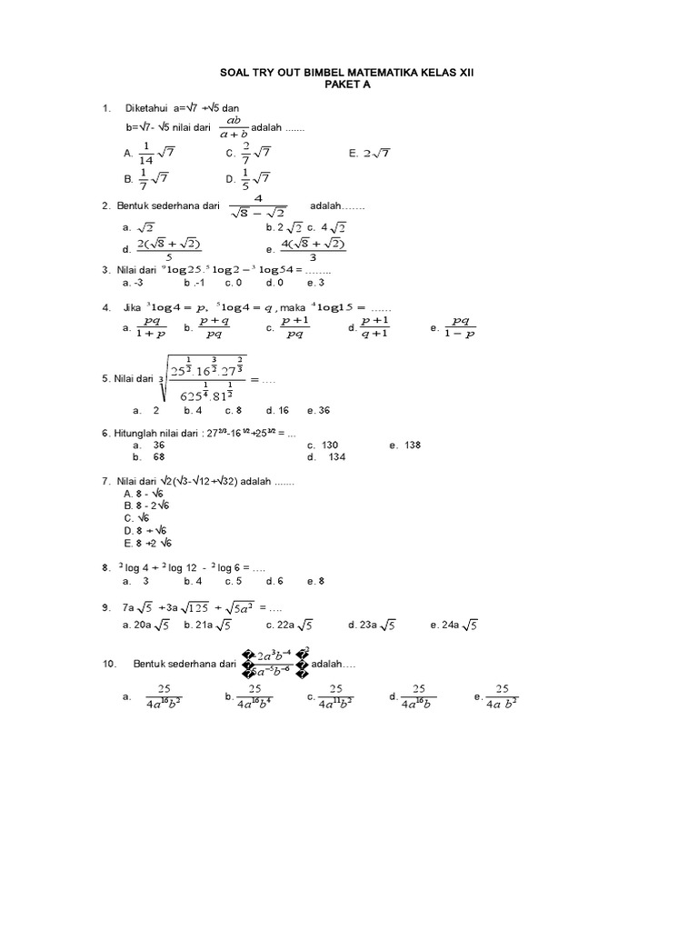 Contoh Soal Try Out Matematika Sma Kelas | PDF