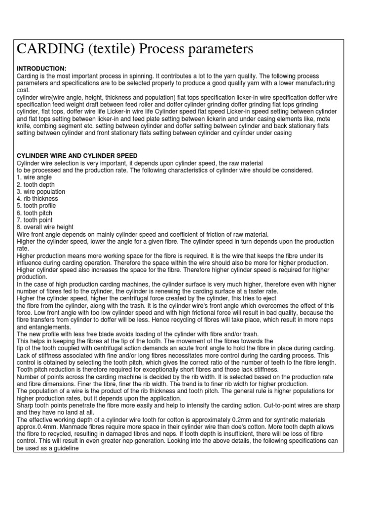Carding Process Parameters in Textiles | PDF | Mill (Grinding) | Wire