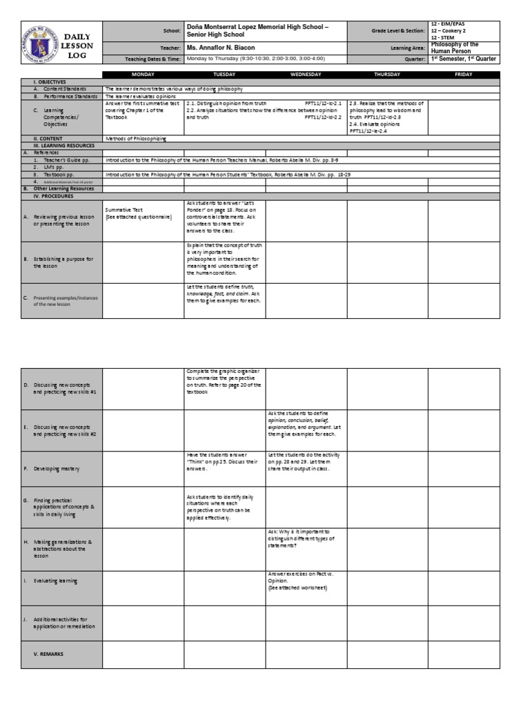 Grade 12 Philosophy Lesson Plan | PDF | Learning | Truth
