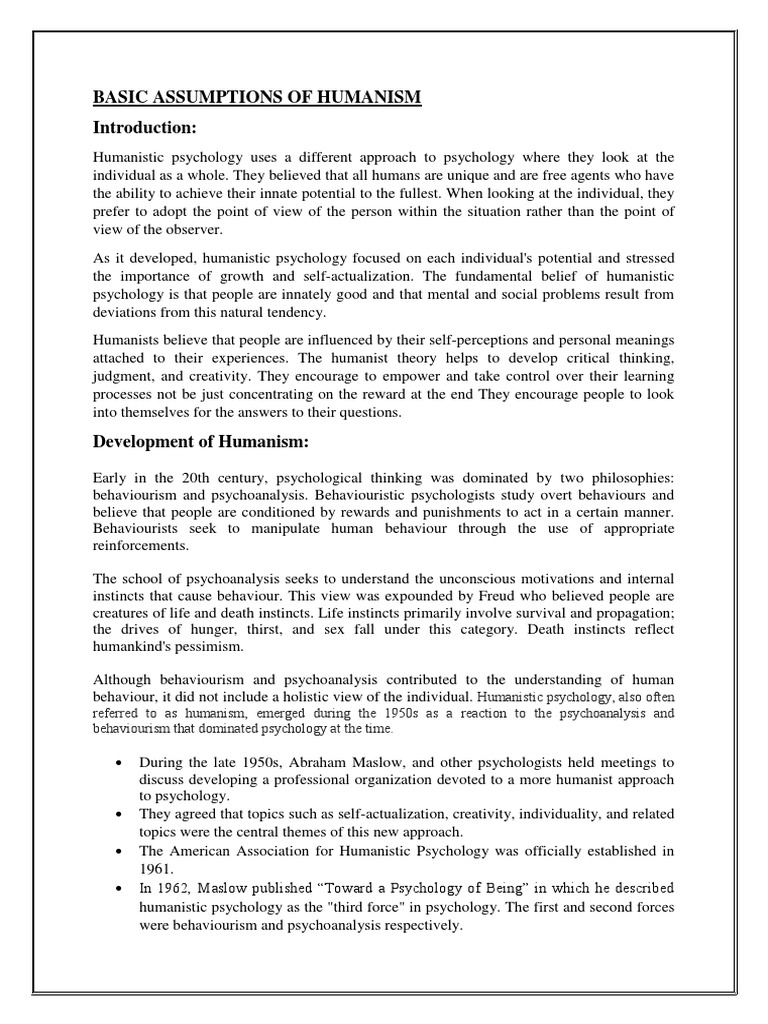 Humanism Assumptions | PDF | Self Actualization | Humanistic Psychology