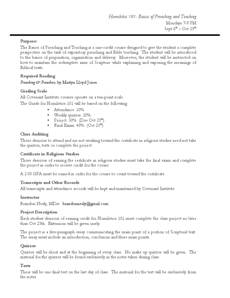 Homiletics 101 Syllabus | PDF | Homiletics | Expository Preaching