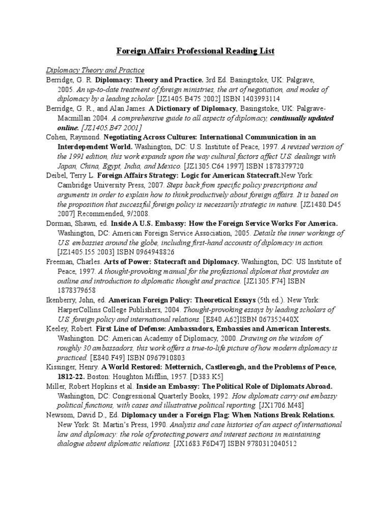 Foreign Affairs Professional Reading List | PDF | Public Diplomacy ...