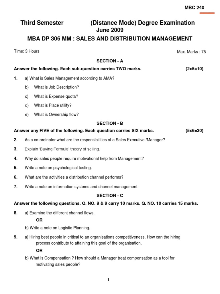 Third Semester (Distance Mode) Degree Examination: June 2009 Mba DP 306 ...