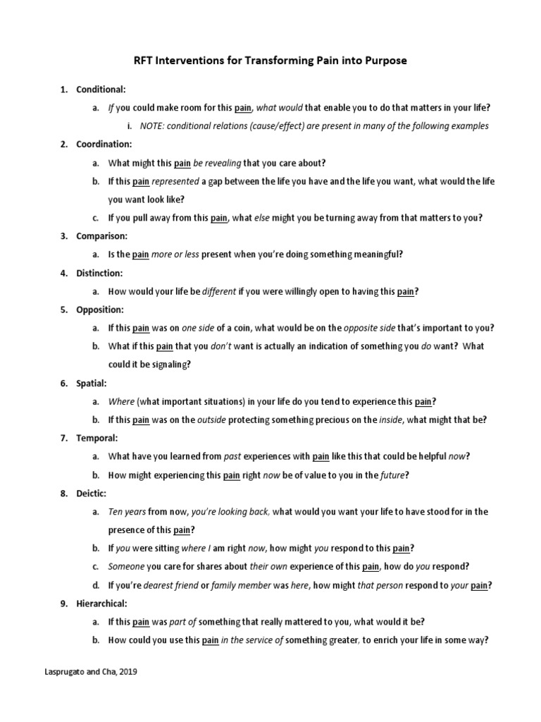 RFT Interventions For Transforming Pain Into Purpose - Cheat Sheet | PDF | Curiosity | Pain