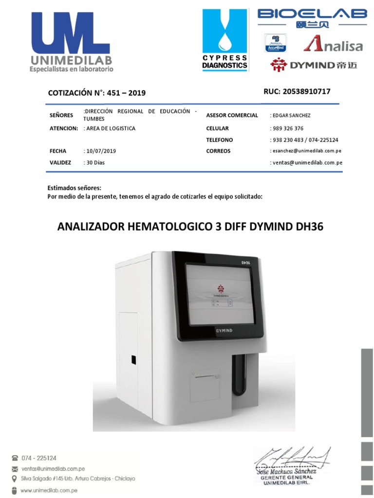 Cotización Analizador Hematológico DH36 | PDF | Sangre | Tejido (biología)