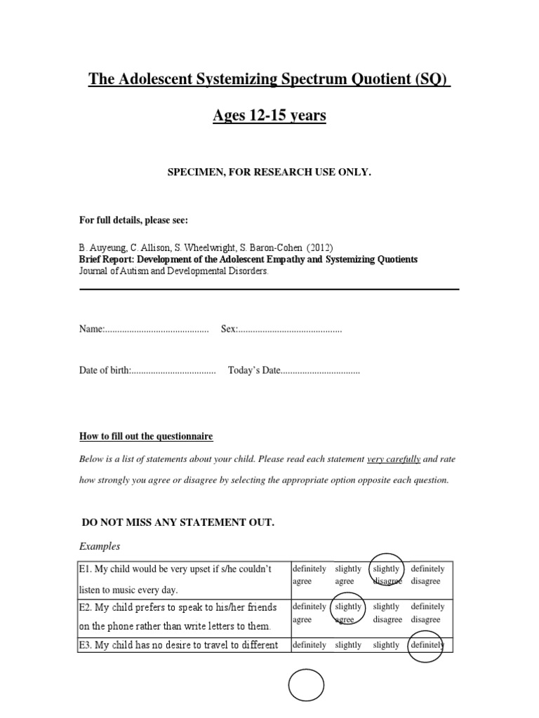 The Adolescent Systemizing Spectrum Quotient (SQ) Ages 12 15 Years ...
