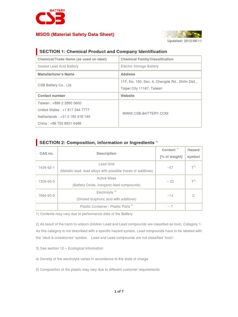 2UCD807006-Q - CSB Battery Co., Ltd. - Material Safety Data Sheet | PDF | Lead | Sulfuric Acid