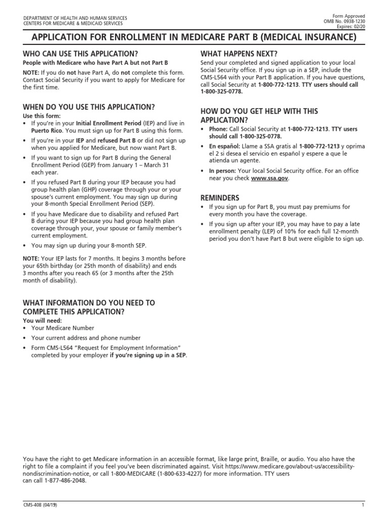 Application For Enrollment in Medicare Part B (Medical Insurance) | PDF ...