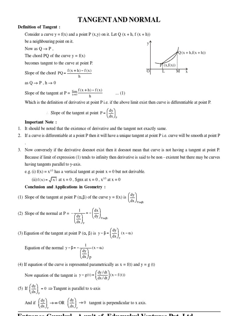 Entrance Gurukul Study Material Tangent and Normal AOD | PDF | Tangent ...