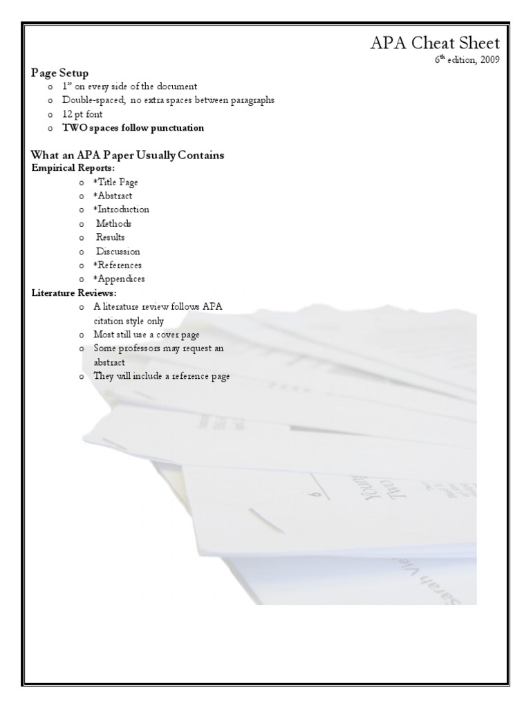 APA Cheat Sheet: Page Setup | PDF | Citation | Digital Object Identifier
