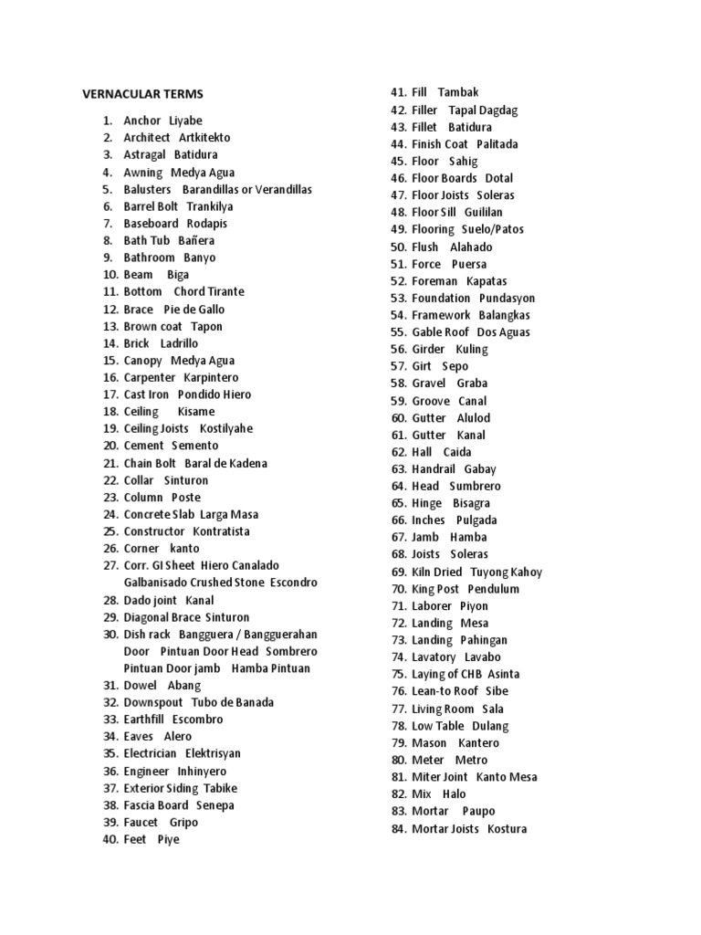 Vernacular Terms 2 | PDF | Civil Engineering | Building Technology