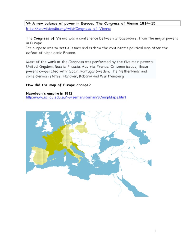 Y4 A New Balance of Power in Europe. The Congress of Vienna 1814-15 ...