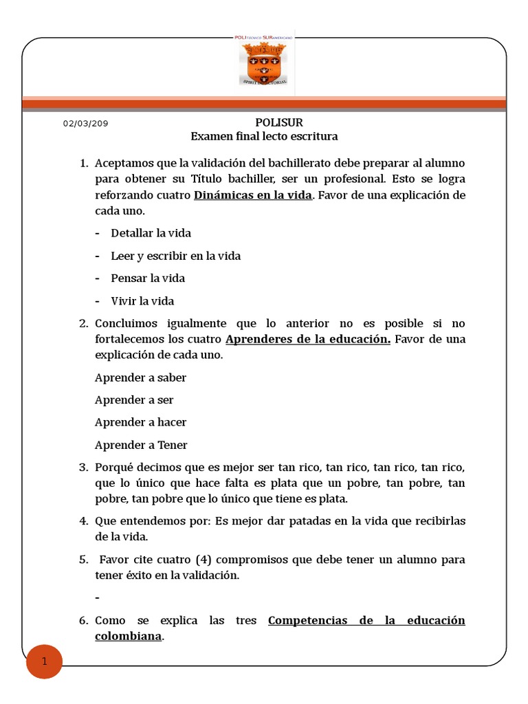 Examen Final de Lectoescritura | PDF