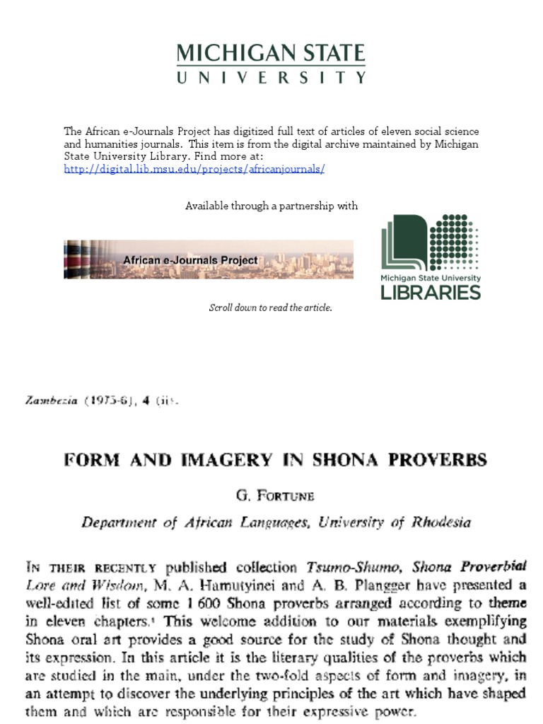 Fortune - Form & Imagery in Shona Proverbs PDF | PDF | Subject (Grammar ...